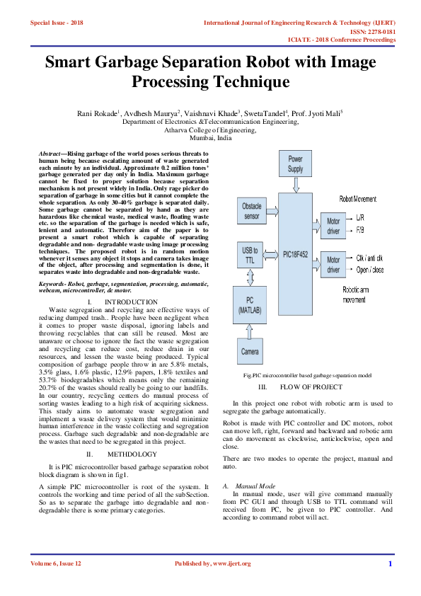 (PDF) Smart Garbage Separation Robot with Image Processing Technique