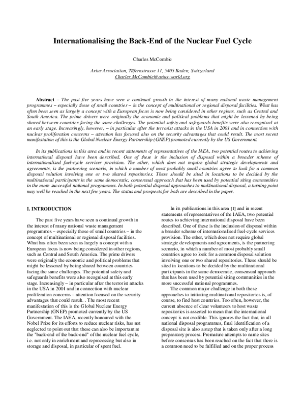 (PDF) Internationalising the Back-End of the Nuclear Fuel Cycle
