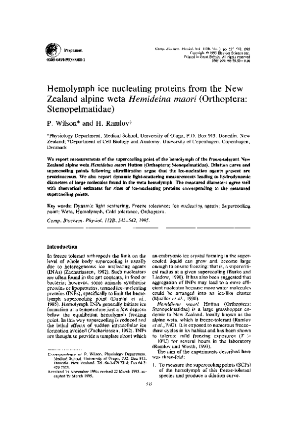 (PDF) Hemolymph ice nucleating proteins from the New Zealand alpine ...