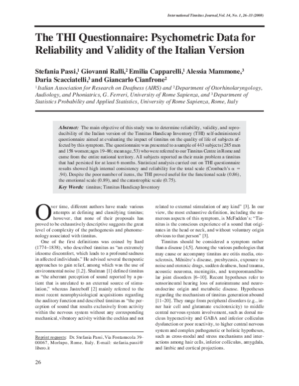 (PDF) The THI questionnaire: psychometric data for reliability and ...