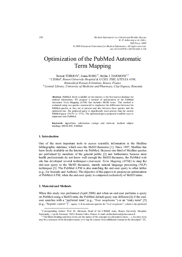 Pdf Optimization Of The Pubmed Automatic Term Mapping