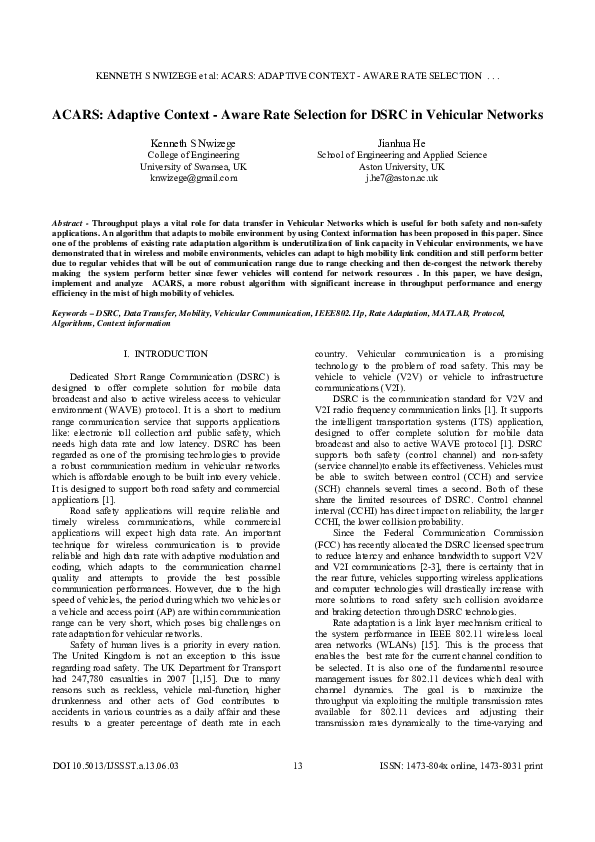 (PDF) ACARS:Adaptive Context -Aware Rate Selection for DSRC in Vehicular Networks | kenneth ...
