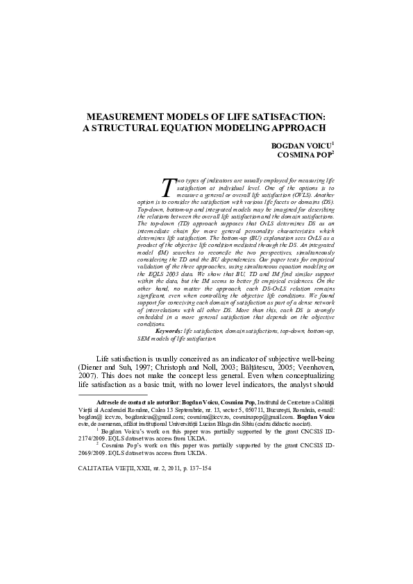 (PDF) Bogdan Voicu Cosmina Pop 2011 Measurement Models of Life ...