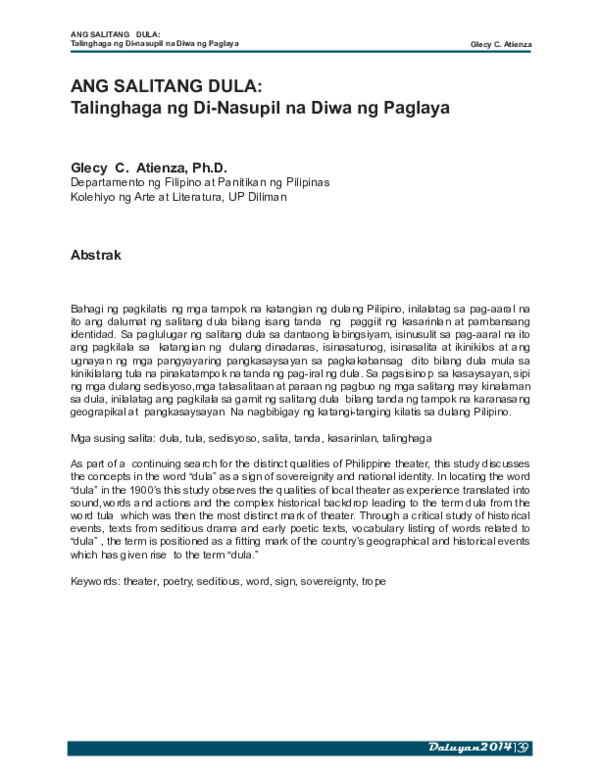 (PDF) Daluyan2014 139 ANG SALITANG DULA: Talinghaga ng Di-nasupil na ...