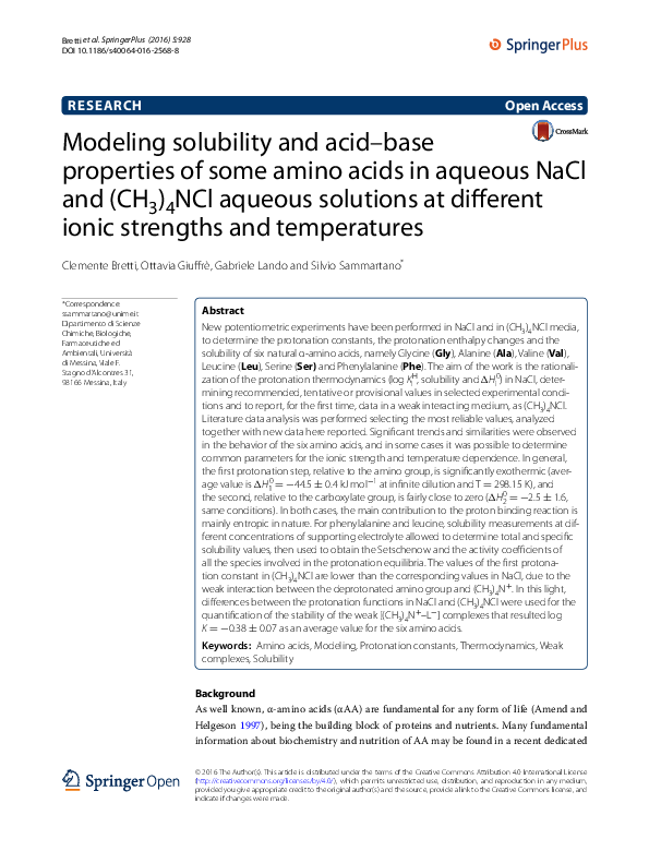 (PDF) Modeling solubility and acid-base properties of some amino acids in aqueous NaCl and (CH3 ...