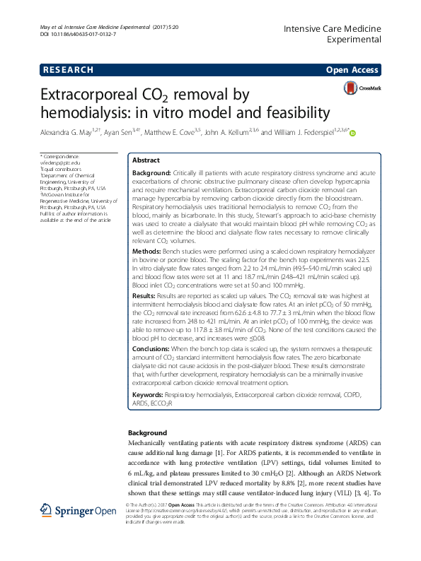 (PDF) Extracorporeal CO2 removal by hemodialysis: in vitro model and ...