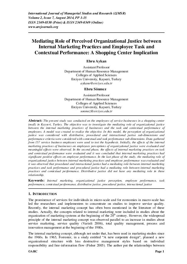 (PDF) Mediating Role of Perceived Organizational Justice between Internal Marketing Practices ...