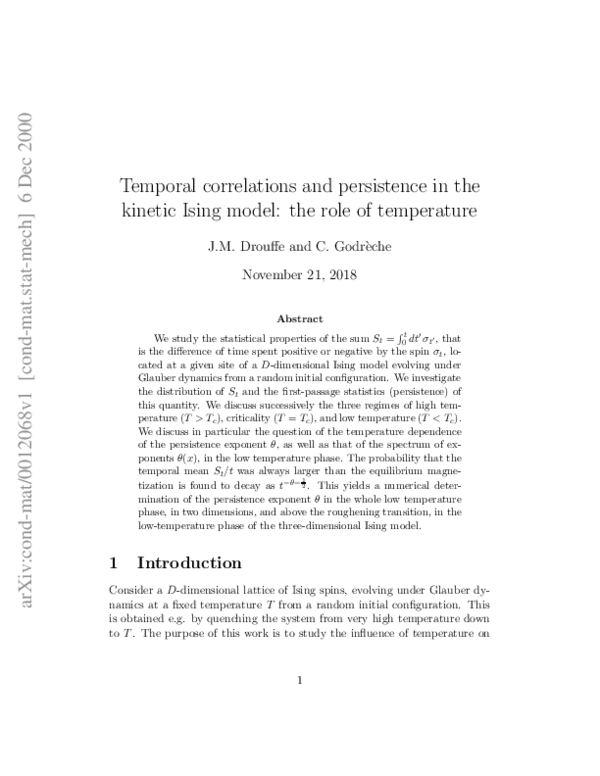 (PDF) Temporal Correlations and Persistence in the Kinetic Ising Model: the Role of Temperature