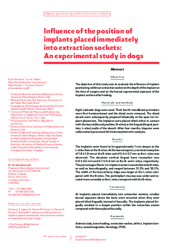(PDF) Implant Position in Extraction Sockets: A Canine Study
