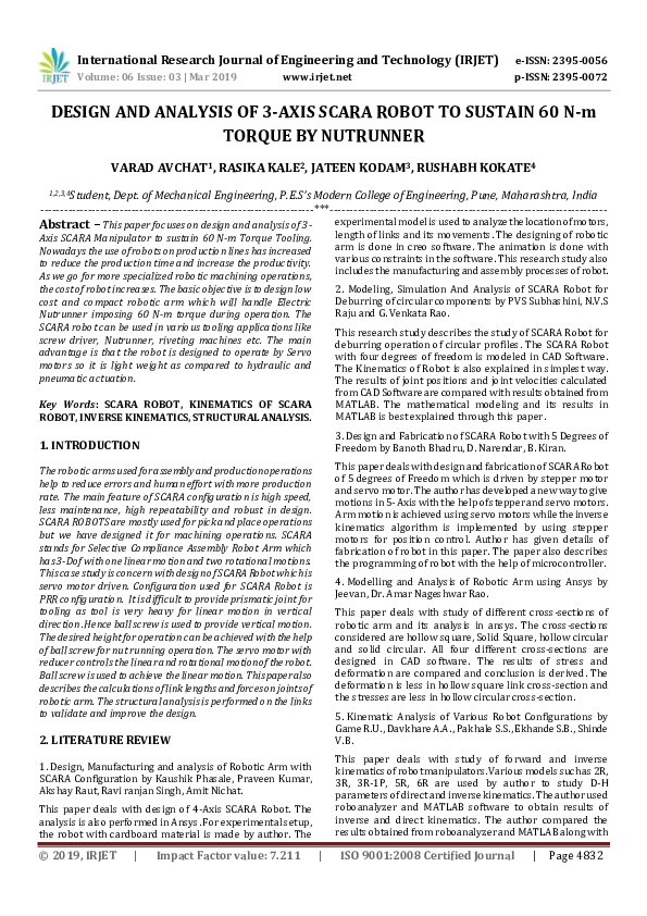 (PDF) DESIGN AND ANALYSIS OF 3-AXIS SCARA ROBOT TO SUSTAIN 60 N-m ...