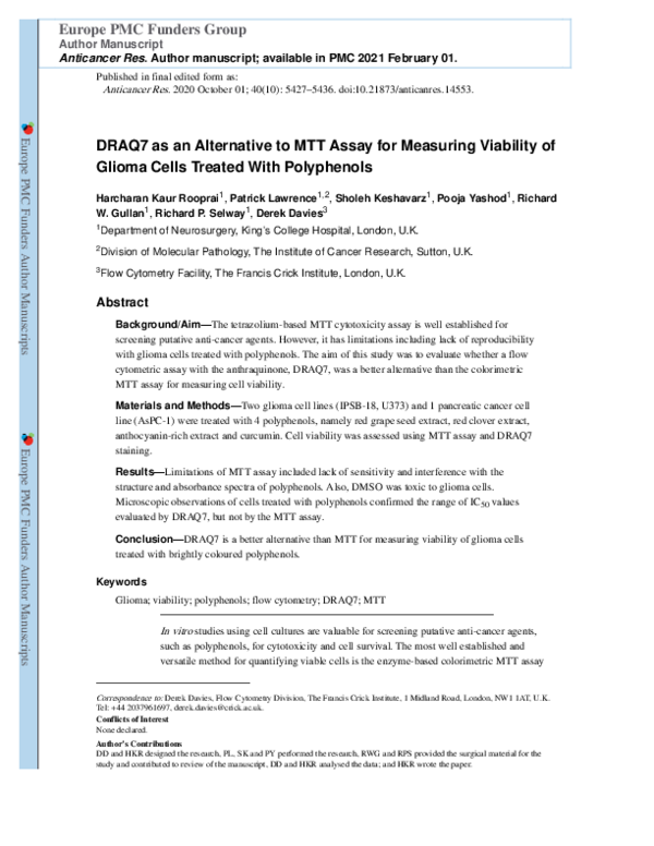 (PDF) DRAQ7 as an Alternative to MTT Assay for Measuring Viability of ...