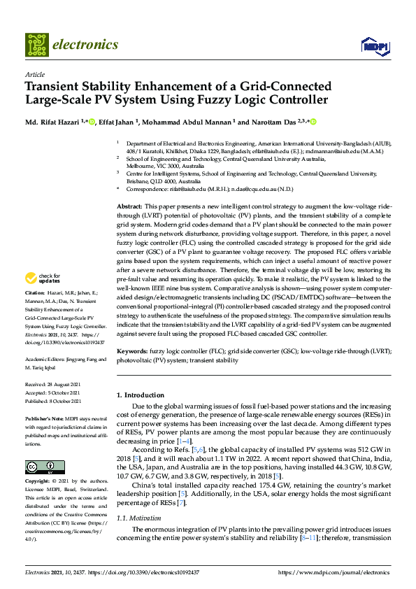 (PDF) Transient Stability Enhancement of a Grid-Connected Large-Scale PV System Using Fuzzy ...