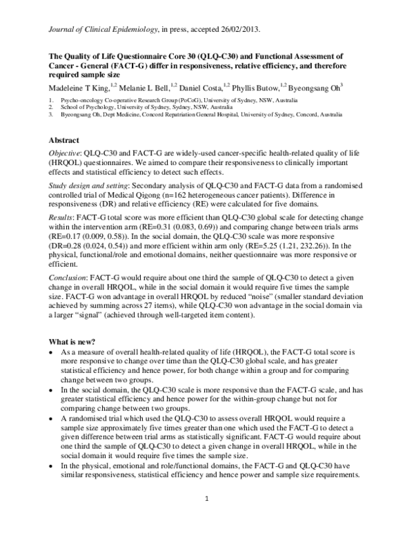 (PDF) The Quality of Life Questionnaire Core 30 (QLQ-C30) and ...