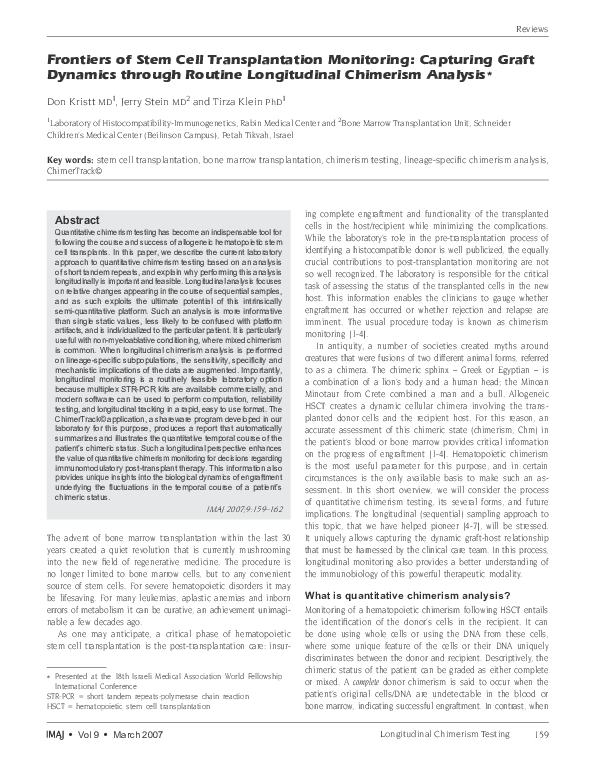 (PDF) Frontiers of stem cell transplantation monitoring: capturing ...