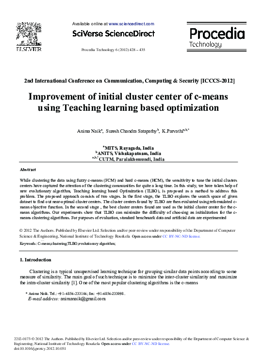 (PDF) Improvement of Initial Cluster Center of C-means using Teaching Learning based Optimization