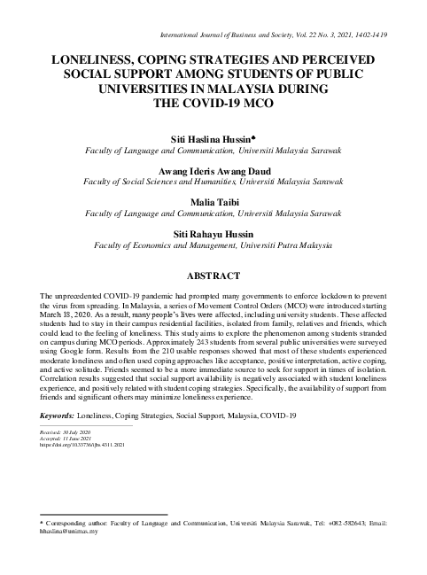 (PDF) Loneliness, Coping Strategies and Perceived Social Support among ...