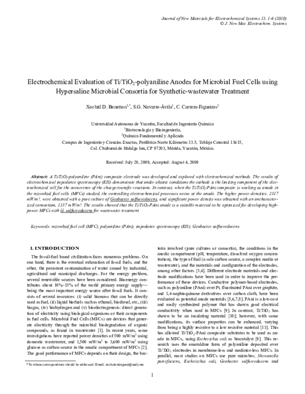 (PDF) Electrochemical evaluation of Ti/TiO 2 -polyaniline Anodes for Microbial Fuel Cells using ...