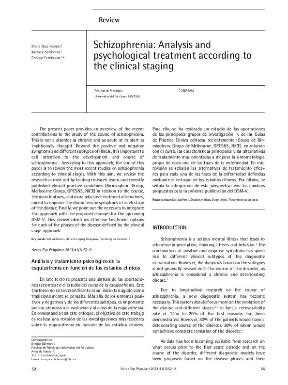 (PDF) Schizophrenia: analysis and psychological treatment according to ...