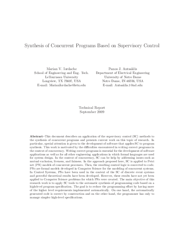(PDF) Synthesis of Concurrent Programs Based on Supervisory Control