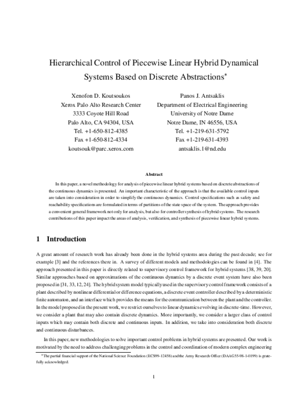 (PDF) Hierarchical Control of Piecewise Linear Hybrid Dynamical Systems ...