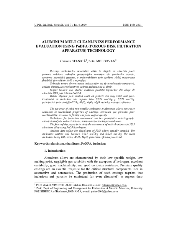 (PDF) ALUMINUM MELT CLEANLINESS PERFORMANCE EVALUATION USING PoDFA ...