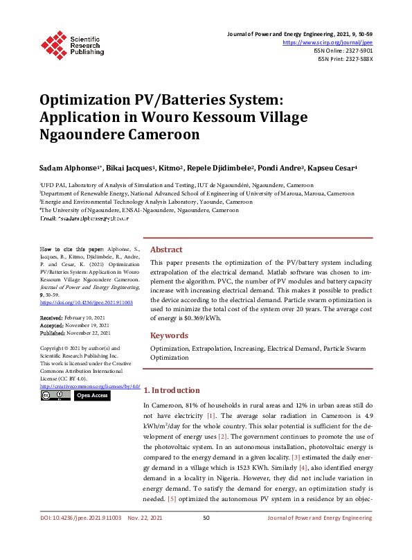 (PDF) Optimization PV/Batteries System: Application in Wouro Kessoum Village Ngaoundere Cameroon