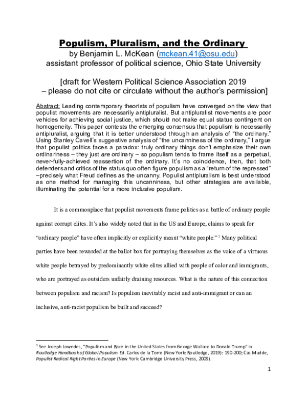 (PDF) Popularism, pluralism, and the ordinary