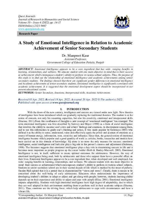 (PDF) A Study of Emotional Intelligence in Relation to Academic Achievement of Senior Secondary ...