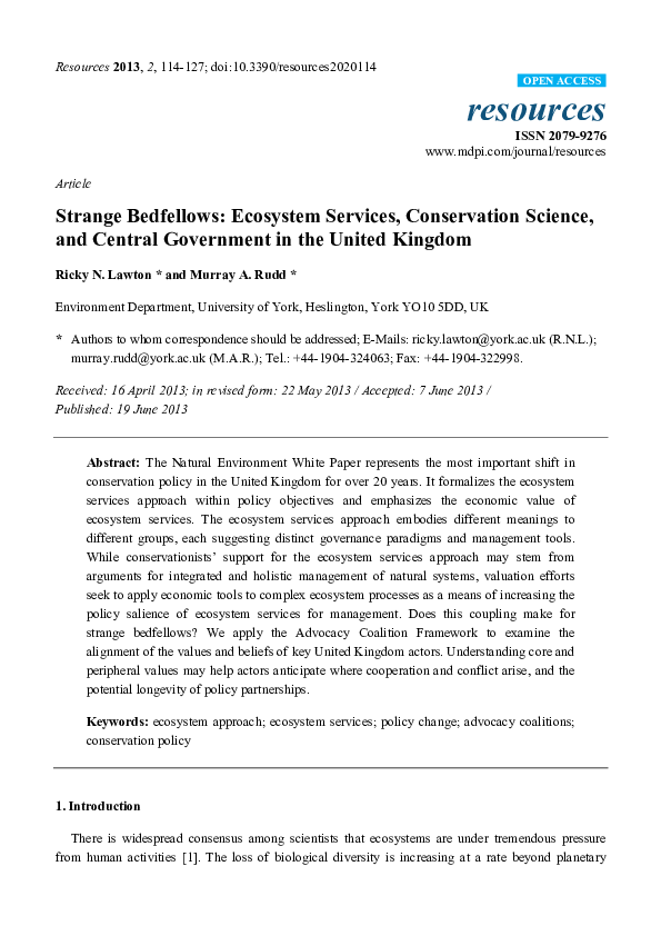 (PDF) Article Strange Bedfellows: Ecosystem Services, Conservation Science