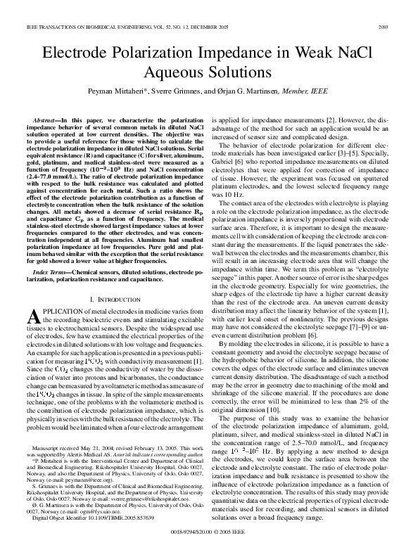 (PDF) Electrode polarization impedance in weak NaCl aqueous solutions