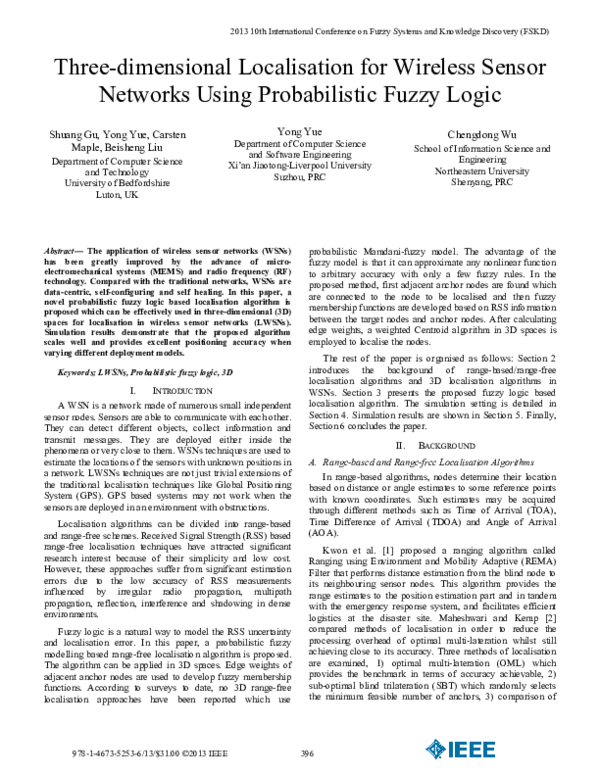 (PDF) Three-dimensional localisation for wireless sensor networks using probabilistic fuzzy logic