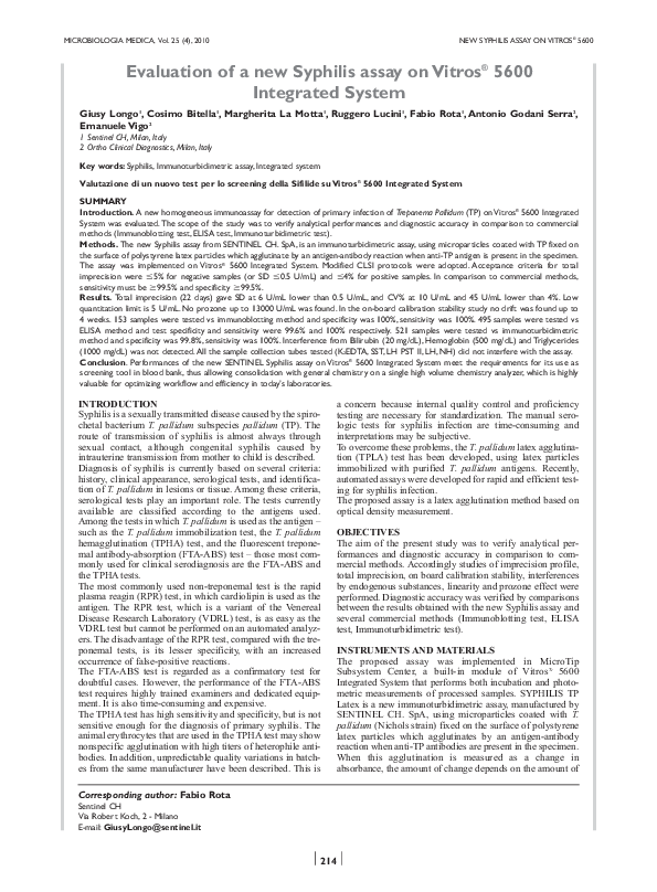 (PDF) Evaluation of a new Syphilis assay on Vitros® 5600 Integrated System