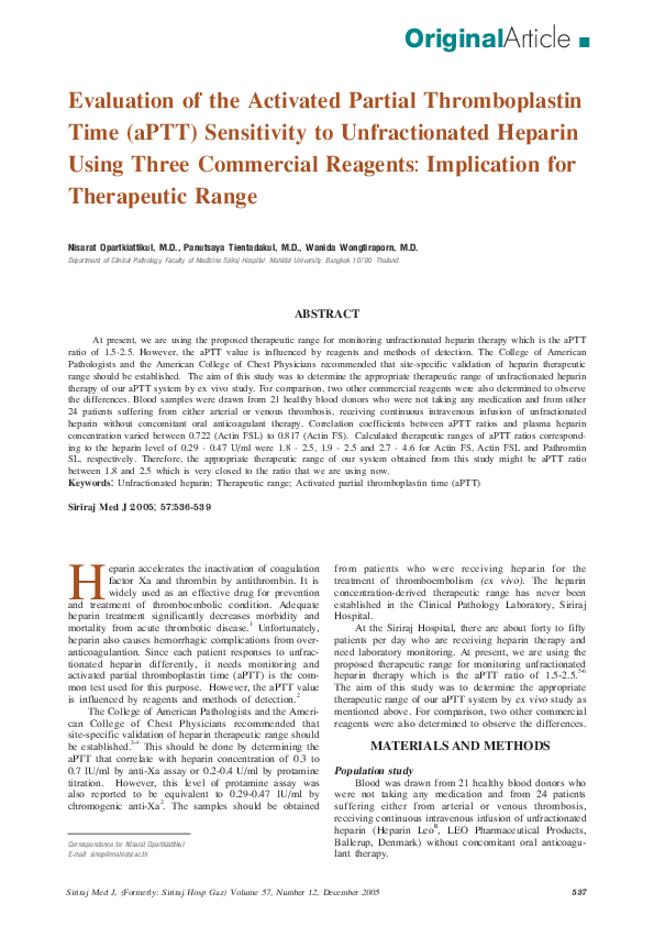 (PDF) Evaluation of the Activated Partial Thromboplastin Time (aPTT ...