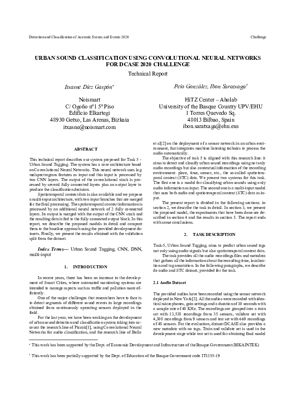 (PDF) URBAN SOUND CLASSIFICATION USING CONVOLUTIONAL NEURAL NETWORKS FOR DCASE 2020 CHALLENGE