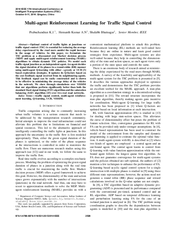(PDF) Multi-agent reinforcement learning for traffic signal control