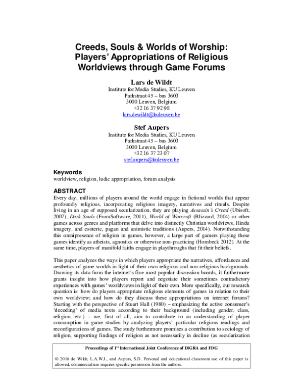 (PDF) Creeds, Souls & Worlds of Worship: Players' Appropriations of ...