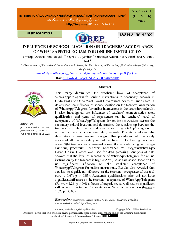 (PDF) INFLUENCE OF SCHOOL LOCATION ON TEACHERS' ACCEPTANCE OF WHATSAPP ...