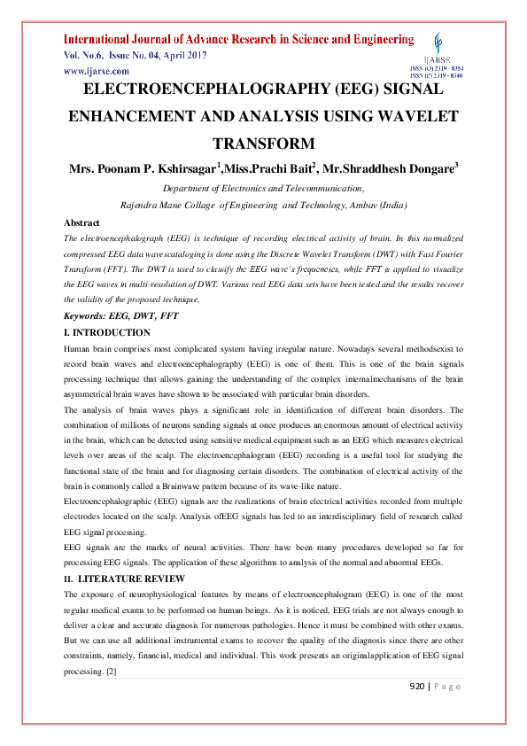 (PDF) Electroencephalography (Eeg) Signal Enhancement and Analysis Using Wavelet Transform