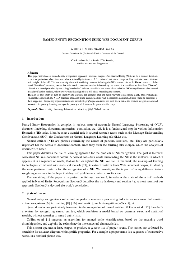 (PDF) Named Entity Recognition Using Web Document Corpus