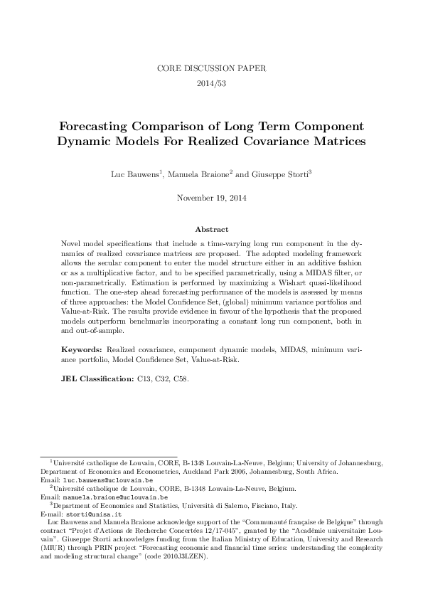 Pdf Forecasting Comparison Of Long Term Component Dynamic Models For Realized Covariance Matrices