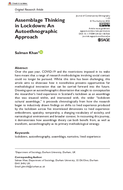 (PDF) Assemblage Thinking in Lockdown: An Autoethnographic Approach