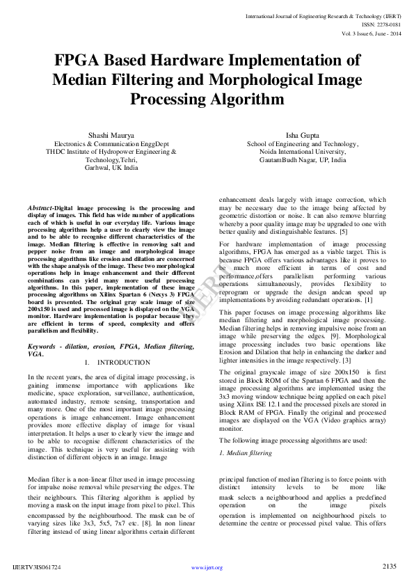 Pdf Fpga Based Hardware Implementation Of Median Filtering And Morphological Image Processing