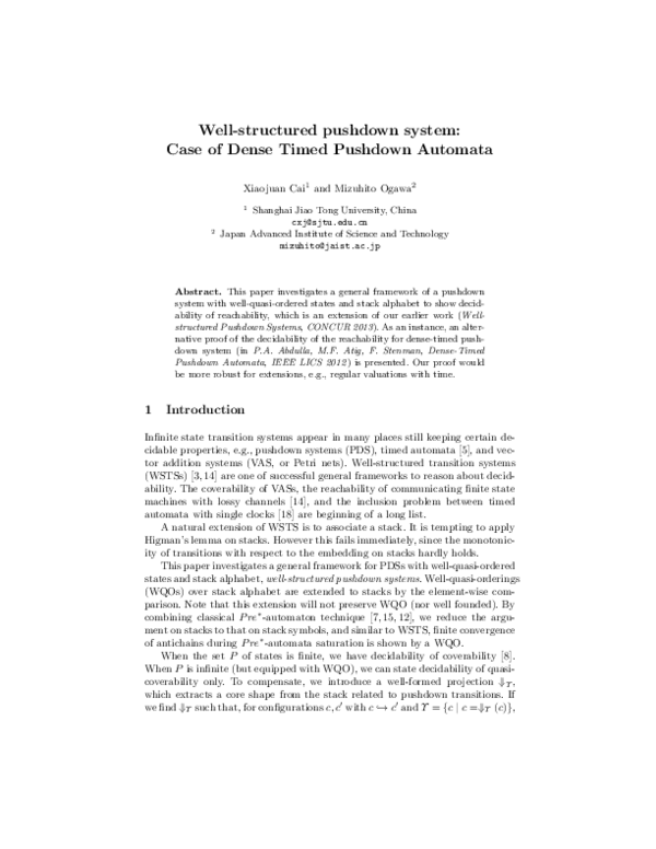 (PDF) Well-Structured Pushdown System: Case of Dense Timed Pushdown Automata | Mizuhito Ogawa ...