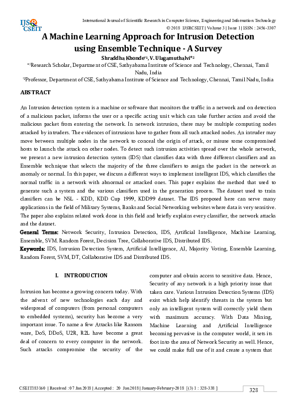 (PDF) A Machine Learning Approach for Intrusion Detection using Ensemble Technique-A Survey