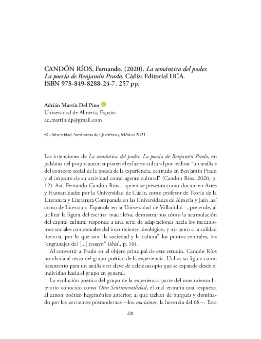 (PDF) CANDÓN RÍOS, Fernando. (2020). La semántica del poder. La poesía ...