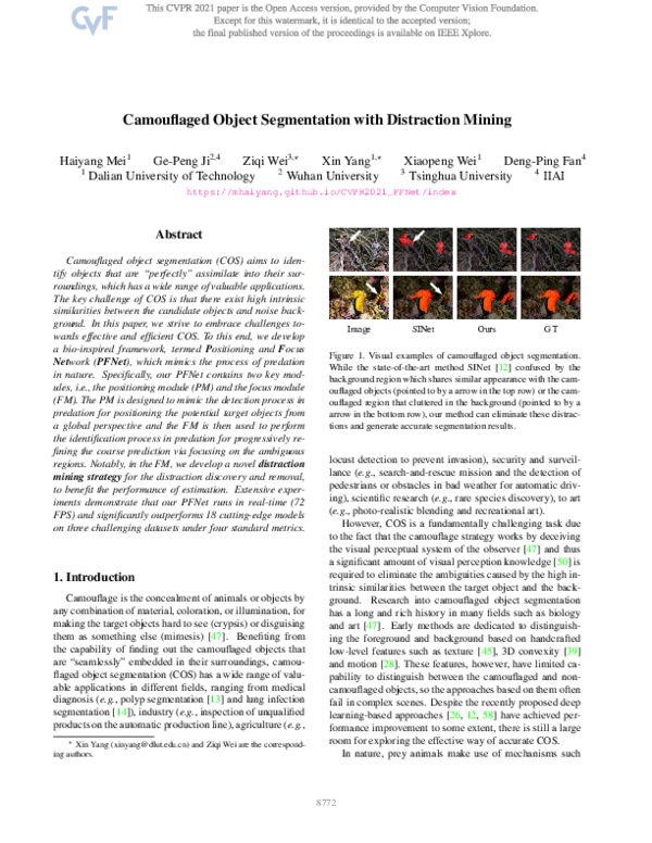 (PDF) Camouflaged Object Segmentation with Distraction Mining