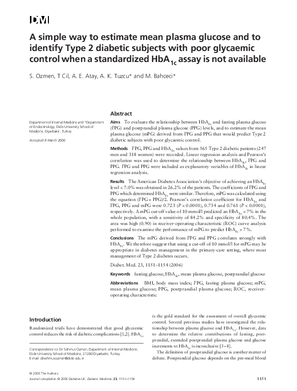 (PDF) Estimating Mean Plasma Glucose in Diabetes