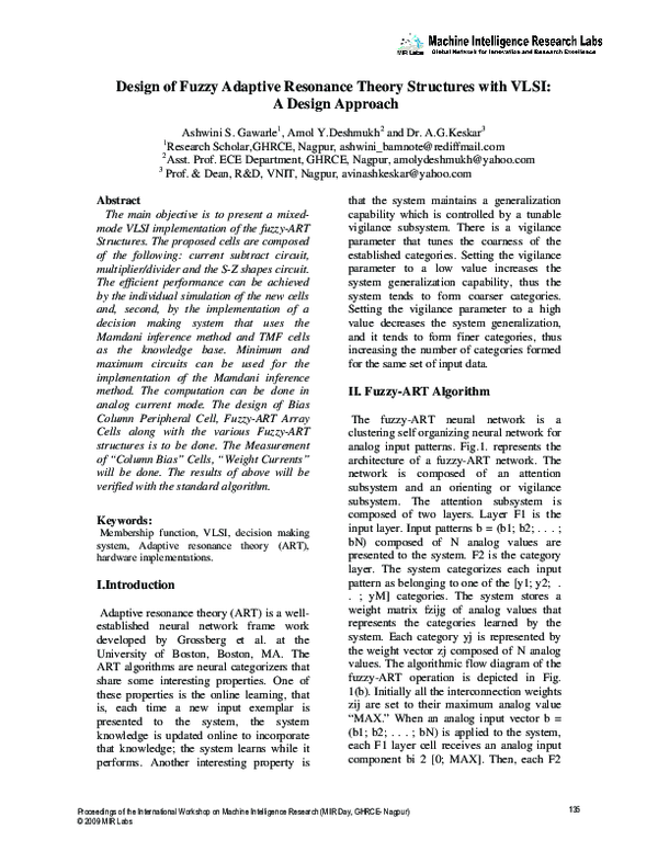 Pdf Design Of Fuzzy Adaptive Resonance Theory Structures With Vlsi A Design Approach