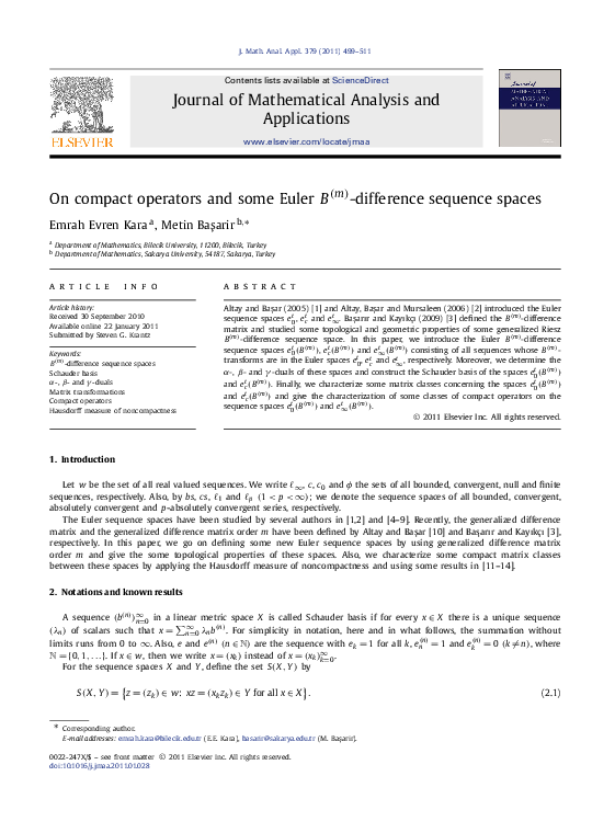 (PDF) On compact operators and some Euler -difference sequence spaces