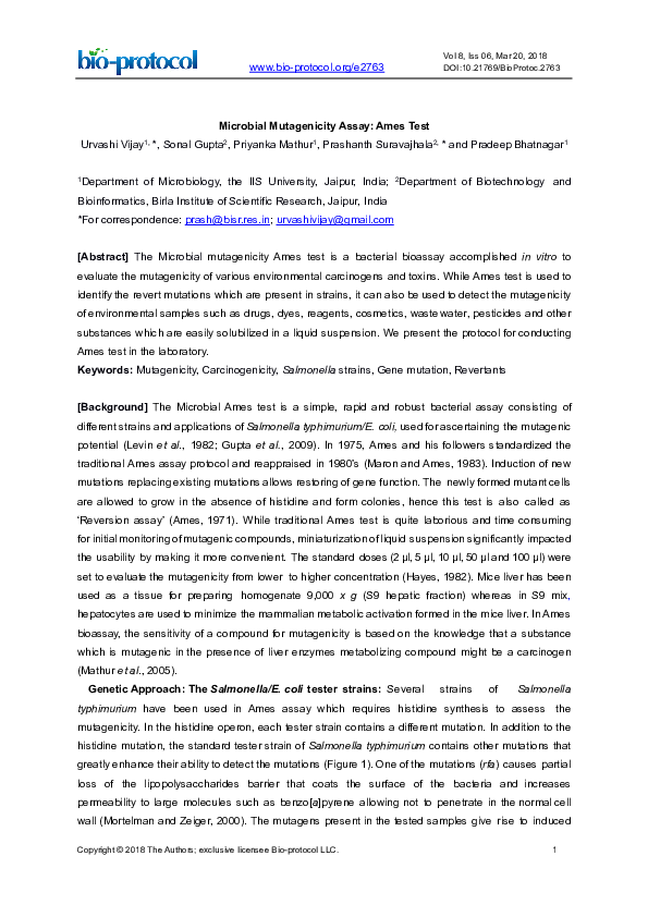 (PDF) Microbial Mutagenicity Assay: Ames Test